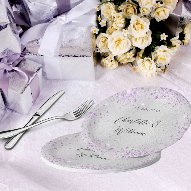 Wedding silver violet sparkles names paper plates | Zazzle