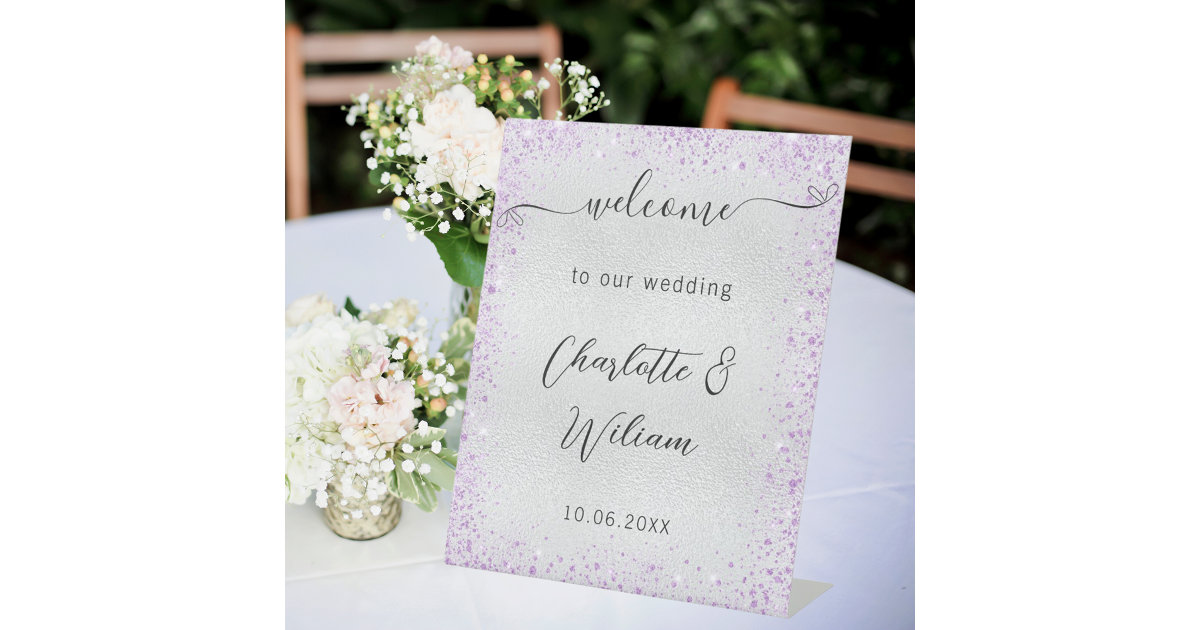 Wedding silver violet sparkles welcome pedestal sign | Zazzle