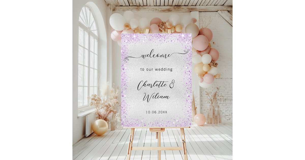 Wedding silver violet sparkles welcome sign | Zazzle
