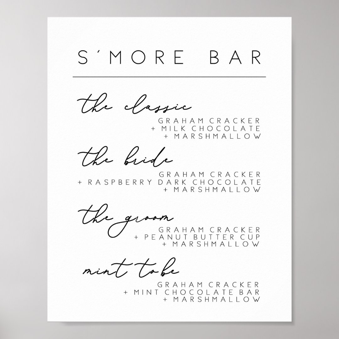 Wedding S'more Bar Menu Sign, Smore Recipe Poster | Zazzle