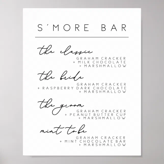 Wedding S'more Bar Menu Sign, Smore Recipe Poster | Zazzle