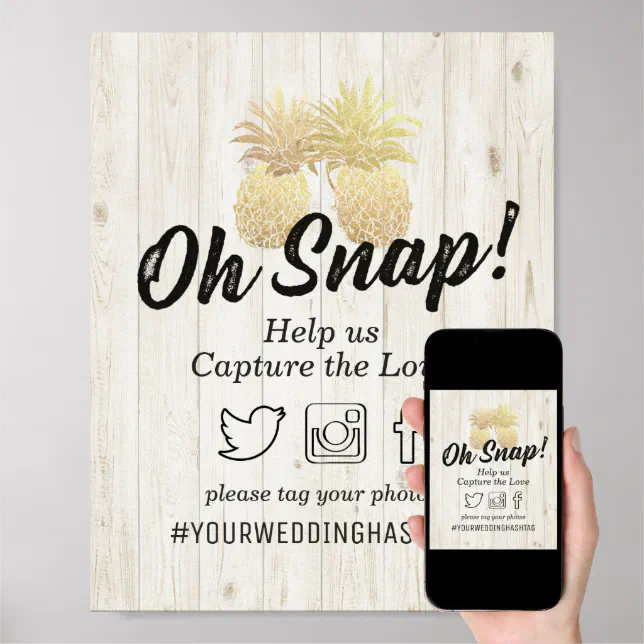 Wedding Snap Hashtag Golden Pineapples Rustic Wood Poster | Zazzle
