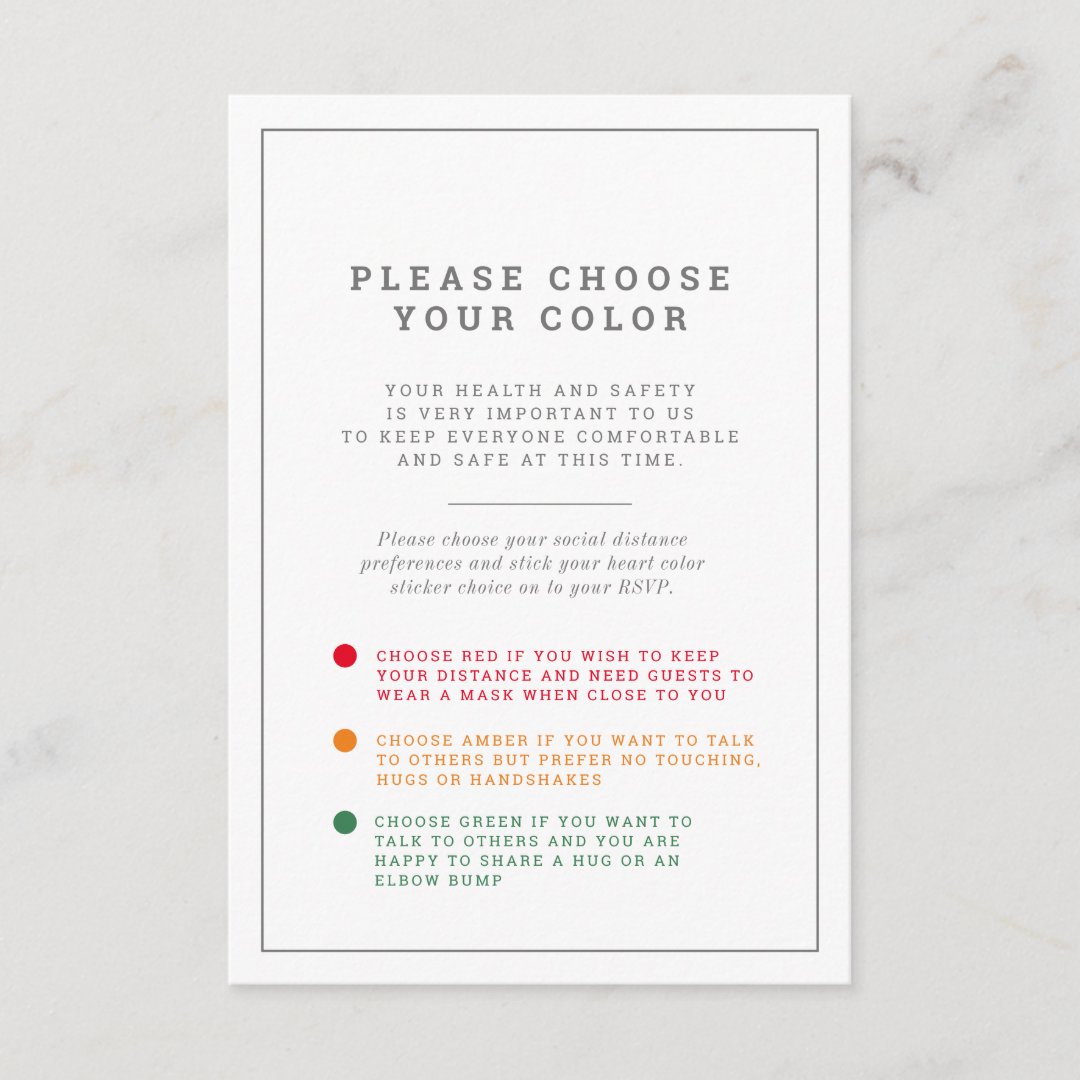 Wedding social distancing color level request enclosure card | Zazzle