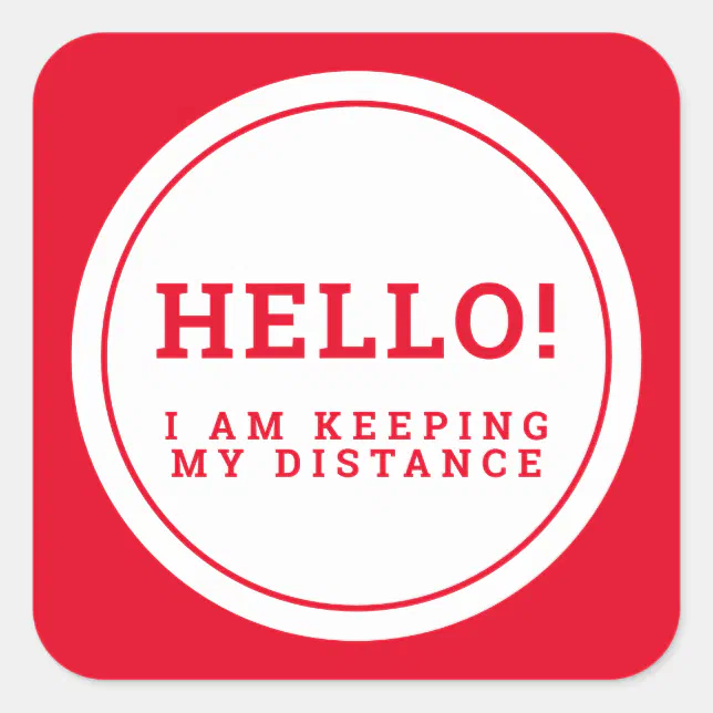 Wedding social distancing guest care red hello square sticker | Zazzle