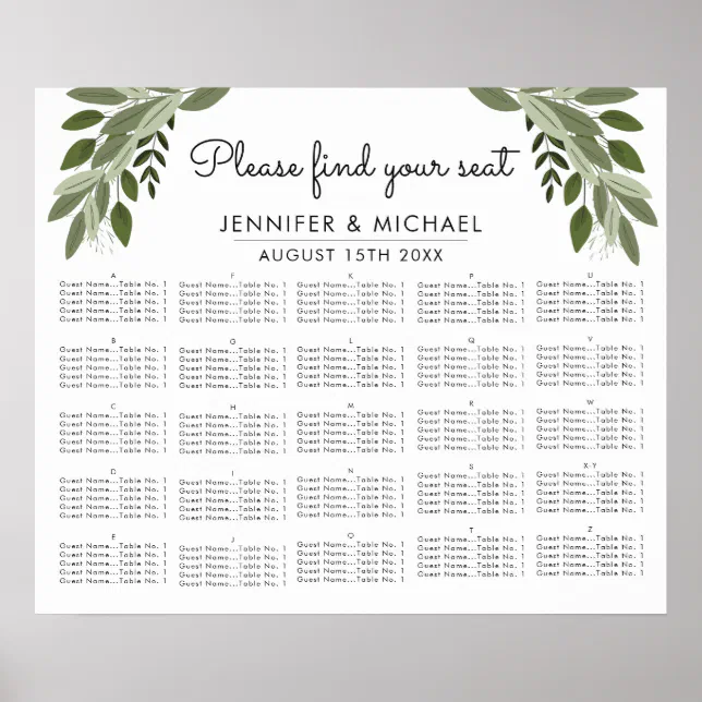 Wedding Sprigs - Alphabetical Seating Chart | Zazzle
