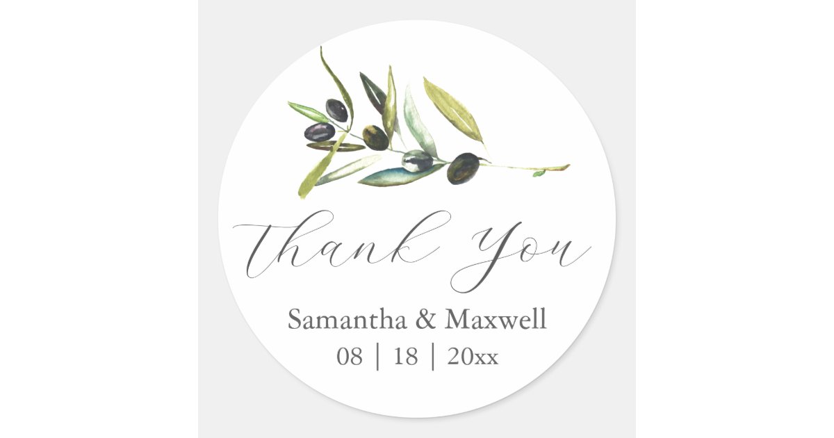 Wedding Stickers Thank You Simple Olive Branch | Zazzle