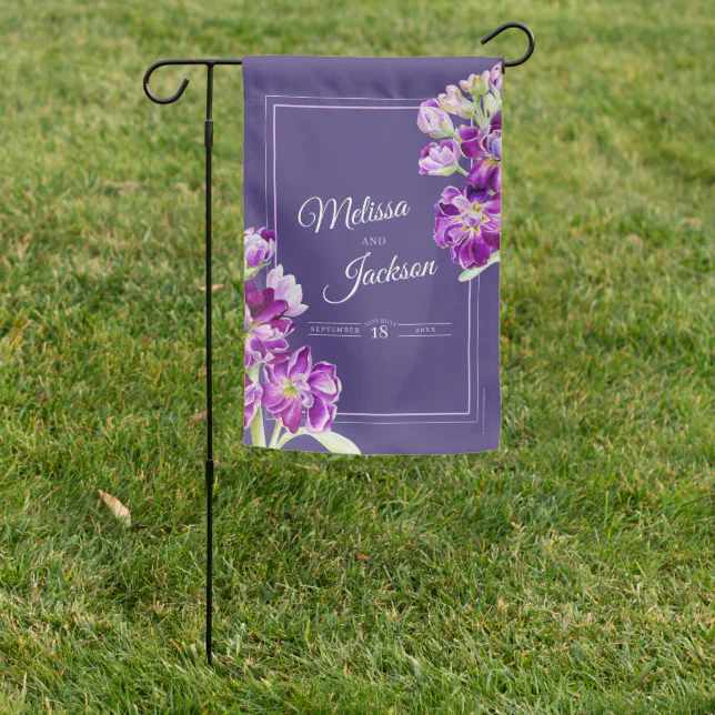 Wedding stock purple flowers and your own photo garden flag | Zazzle