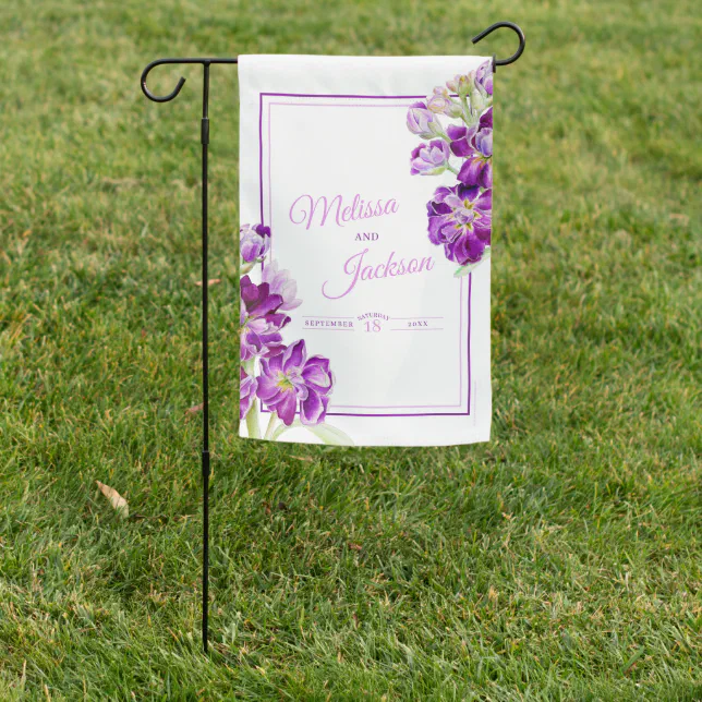 Wedding stock purple flowers on white photo back garden flag | Zazzle