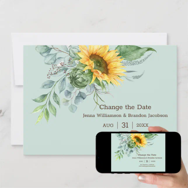 Wedding Sunflower Rustic Change the Date Green Save The Date | Zazzle