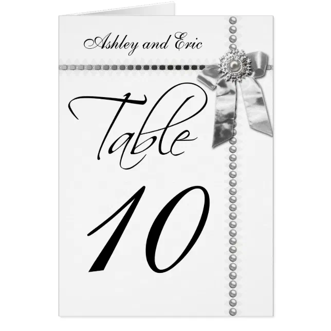 Wedding Table Number Card Silver Bow Ribbon Print | Zazzle