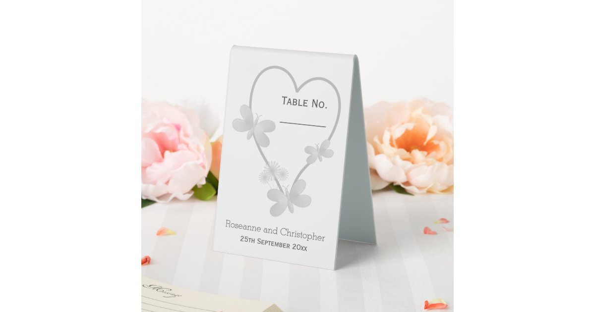 Wedding Table Number Sign Silver Heart Butterflies | Zazzle