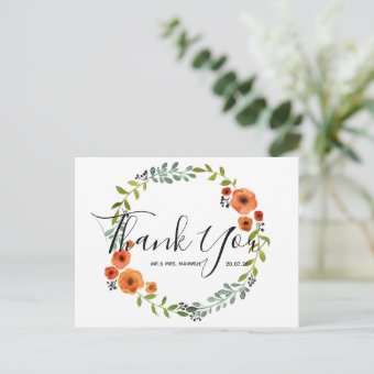 Wedding Thank You | Floral Wreath Script Postcard | Zazzle