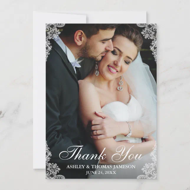 Wedding Thank You Lace Border Couple Photo Card | Zazzle