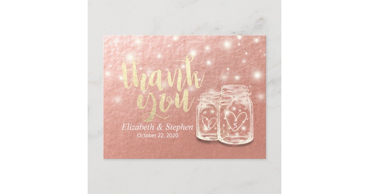 Wedding Thank You Mason Jar String Light Rose Gold Postcard | Zazzle