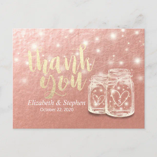 Wedding Thank You Mason Jar String Light Rose Gold Postcard | Zazzle