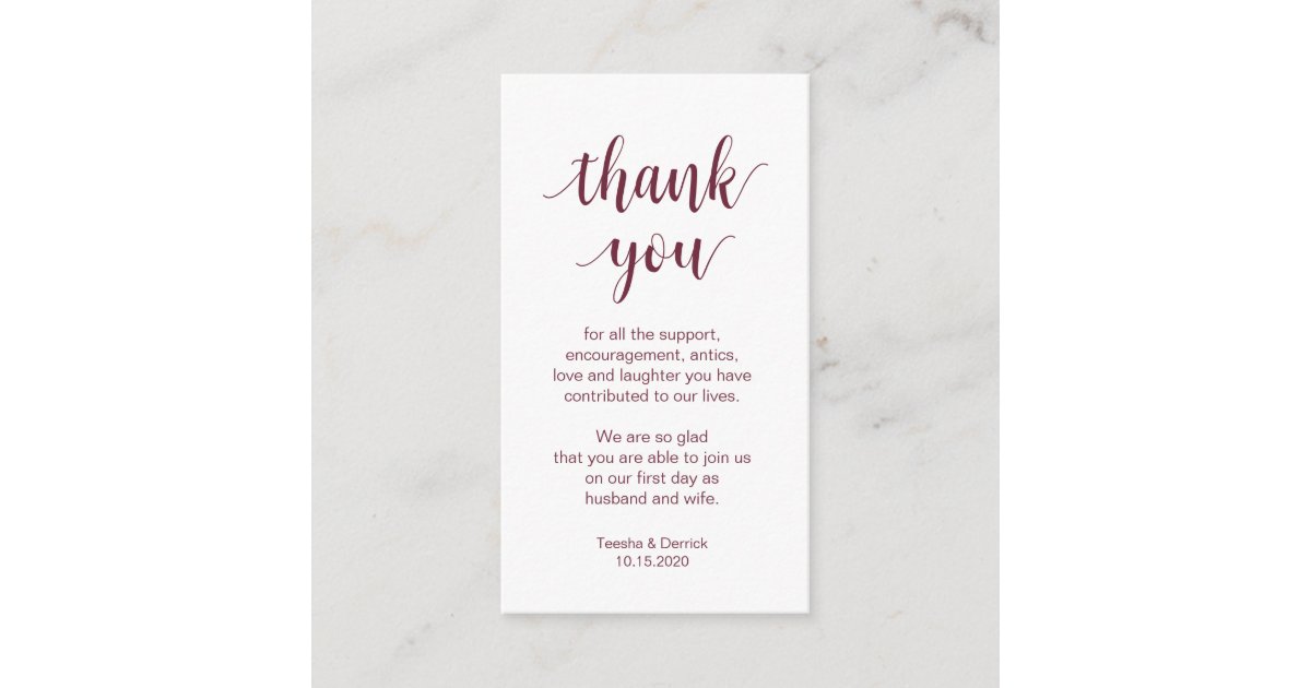Wedding Thank you, Modern Burgundy Script Enclosure Card | Zazzle
