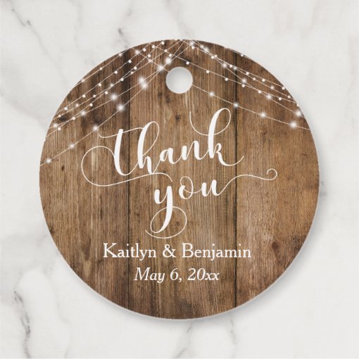 Wedding Thank You Rustic Wood & Light Strings Favor Tags | Zazzle