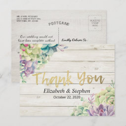 Wedding Thank You Succulent Plants Rustic Wood Postcard | Zazzle