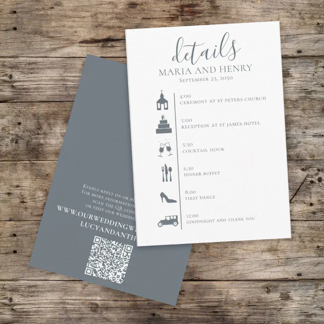 Wedding Timeline Blue Details QR Code Website Enclosure Card | Zazzle