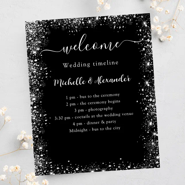 Wedding timeline program black silver white flyer | Zazzle