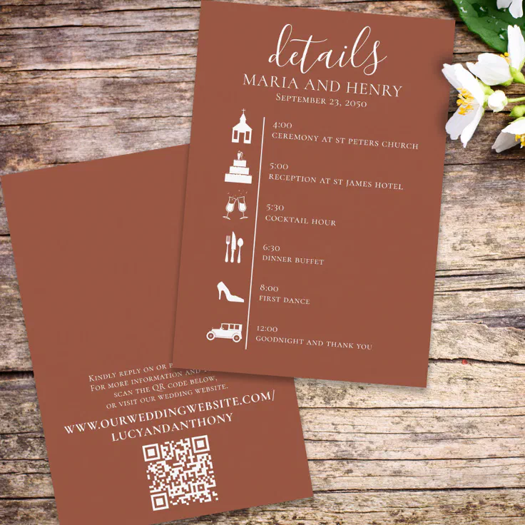 Wedding Timeline Terracotta Details QR Code RSVP Enclosure Card | Zazzle