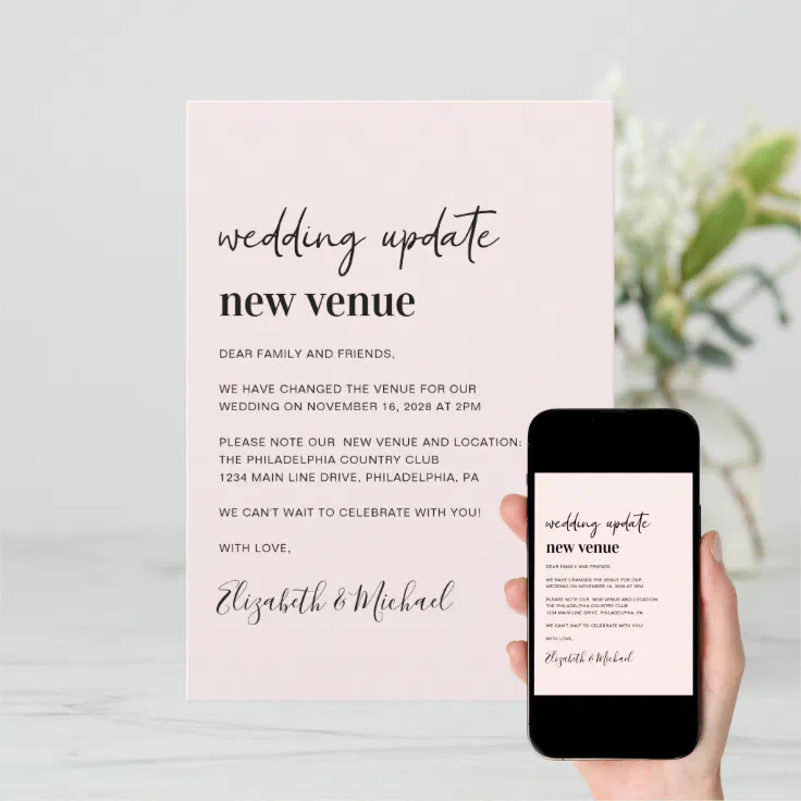Wedding Update Pink New Venue Announcement | Zazzle