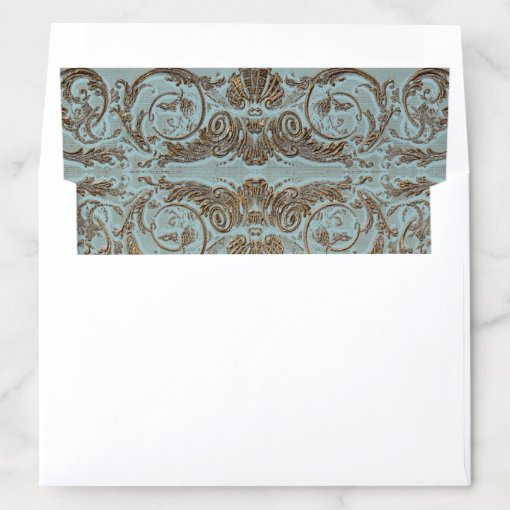 Wedding Vintage Baroque Scrollwork Blue n Gold Envelope Liner | Zazzle