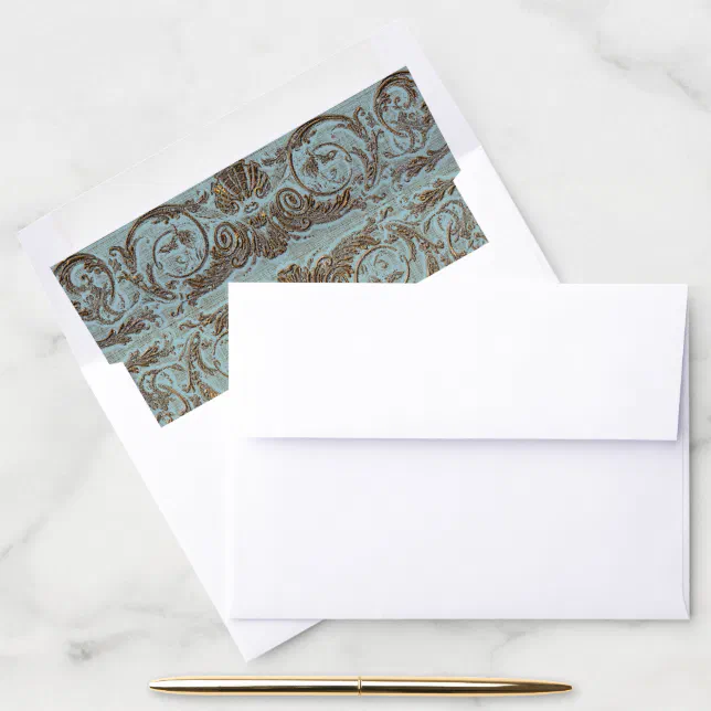 Wedding Vintage Baroque Scrollwork Blue n Gold Envelope Liner | Zazzle