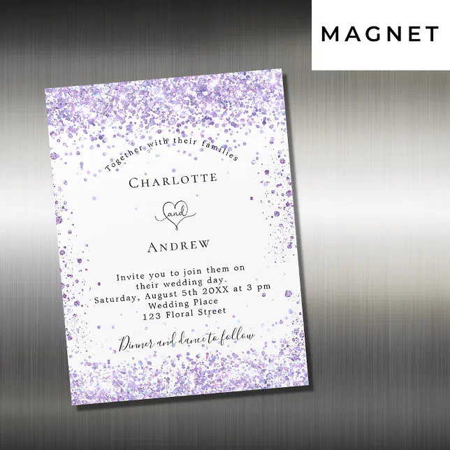Wedding violet glitter white magnet invitation | Zazzle