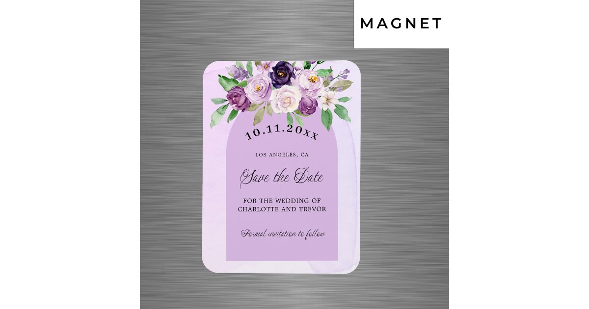Wedding violet purple flowers arch script magnet | Zazzle
