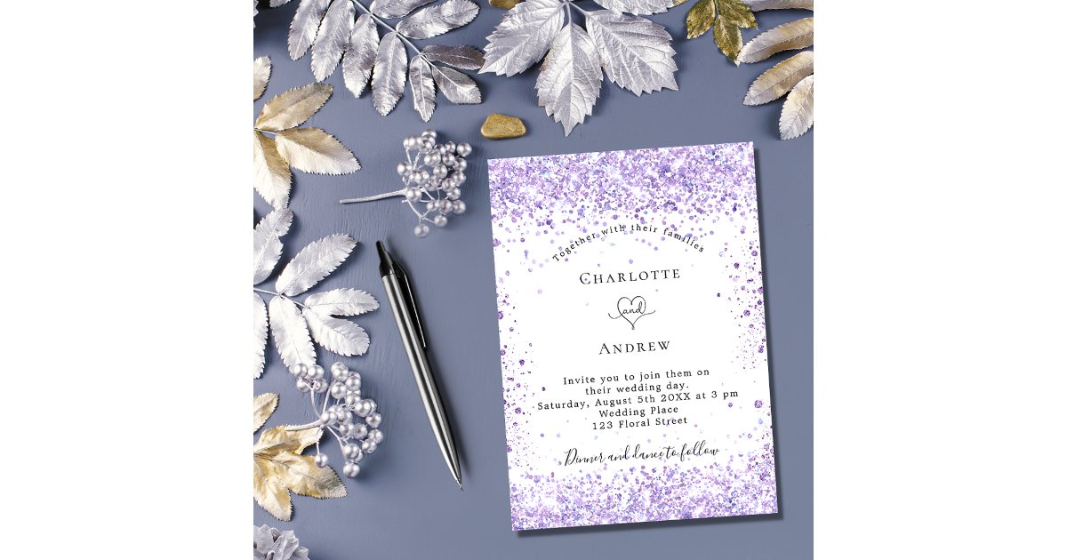 Wedding violet script white elegant invitation | Zazzle