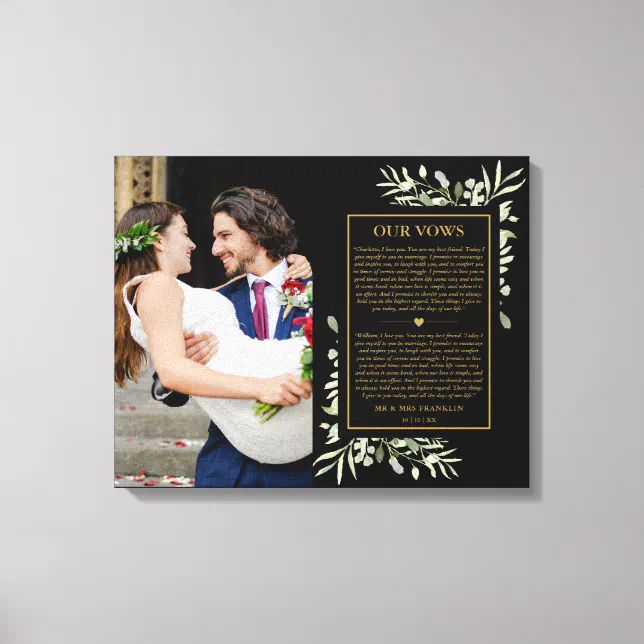 Wedding Vows Black And Gold Greenery Photo Canvas Print | Zazzle