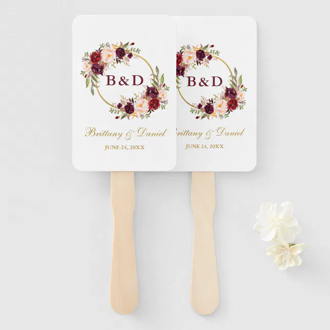 Wedding Watercolor Burgundy Floral Hand Fan | Zazzle