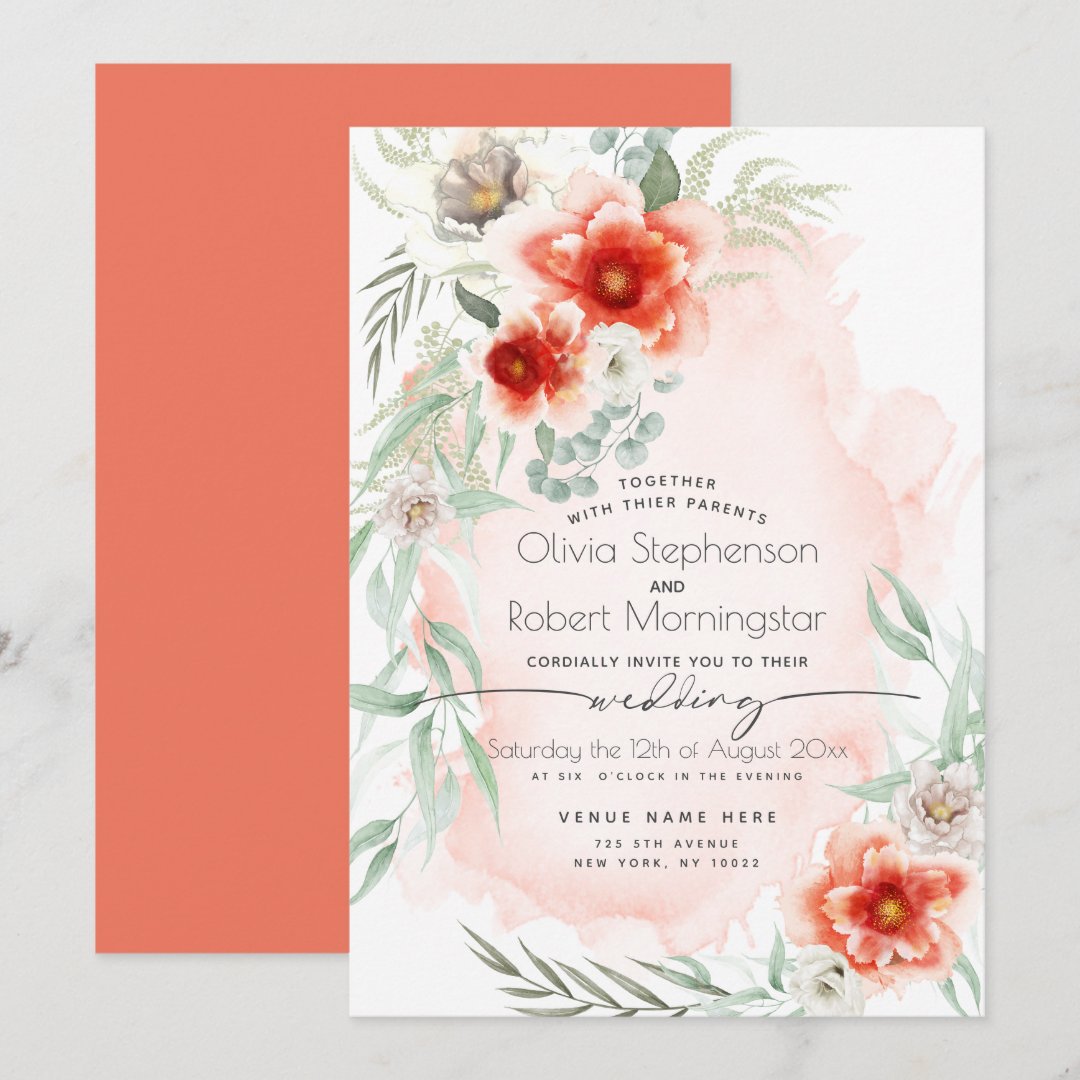 Wedding | Watercolor Flame Scarlet Flowers Invitation | Zazzle