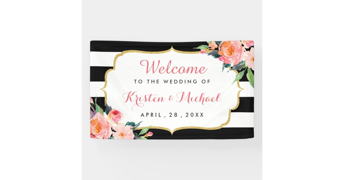 Wedding Watercolor Floral Black White Stripes Banner | Zazzle