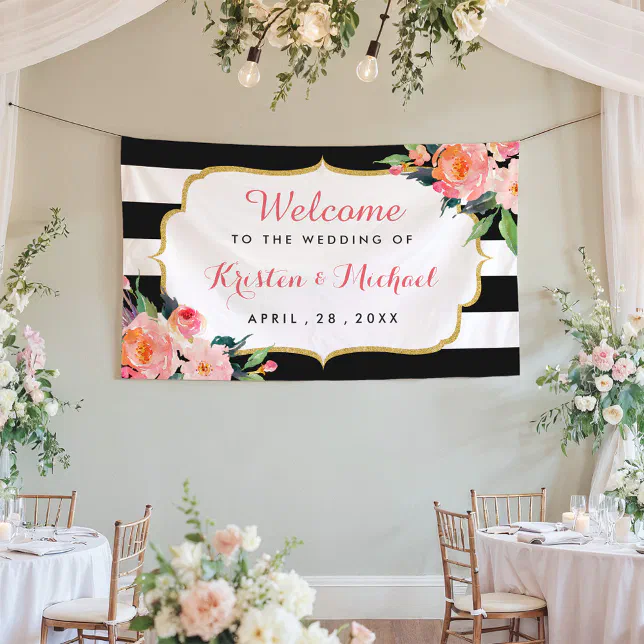 Wedding Watercolor Floral Black White Stripes Banner | Zazzle
