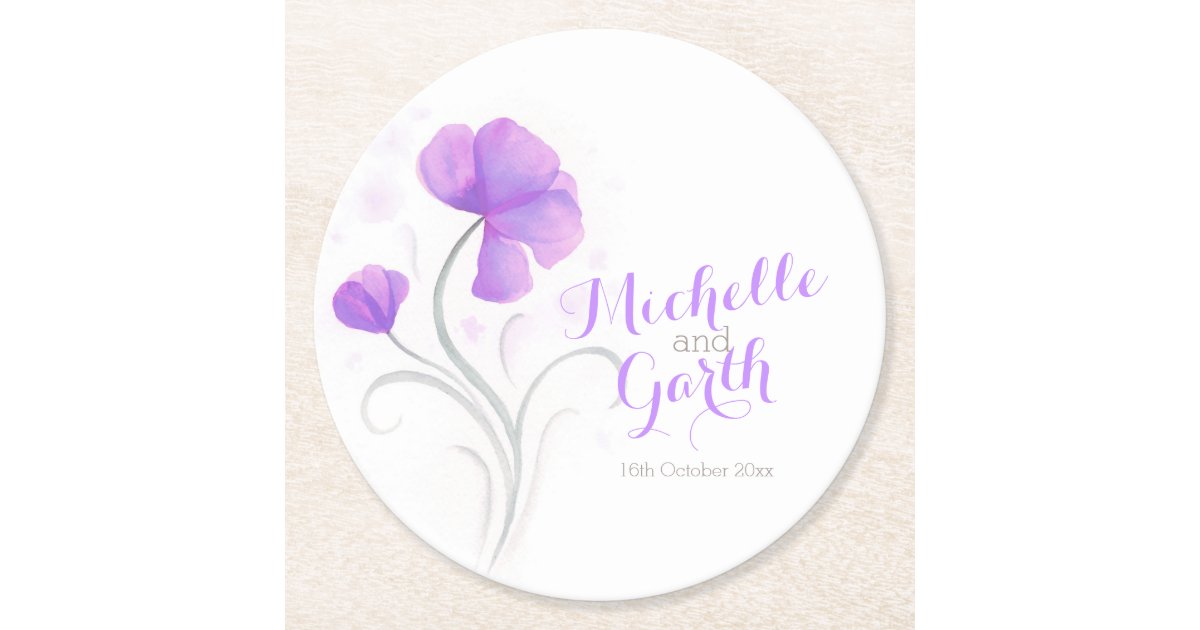 Wedding watercolor flower purple paper coasters | Zazzle