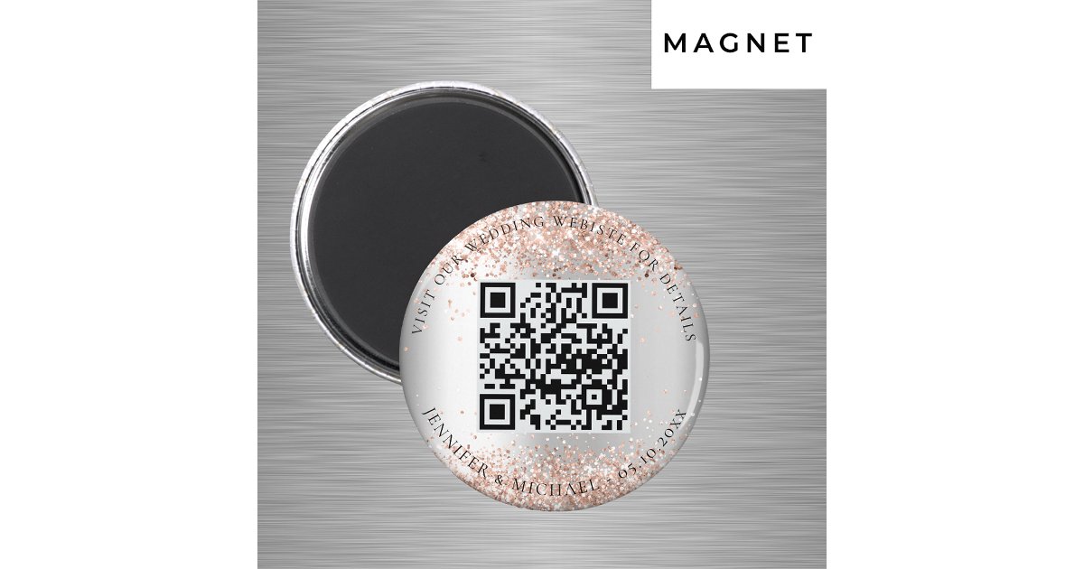 Wedding website QR code details rsvp silver rose Magnet | Zazzle
