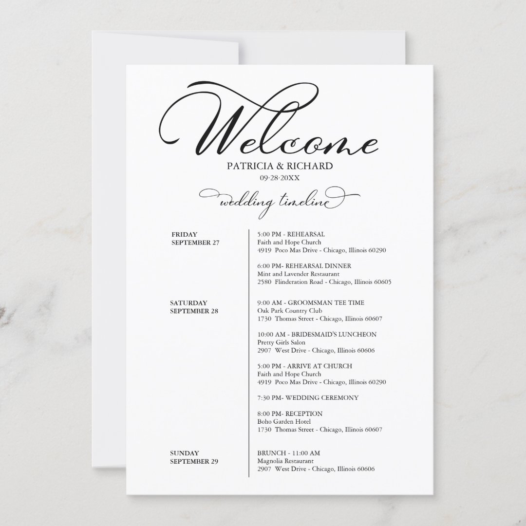 Wedding Weekend Itinerary Timeline Elegant Invitation | Zazzle
