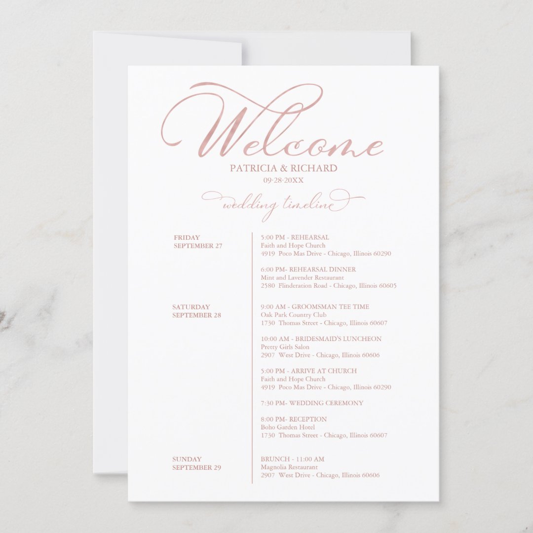 Wedding Weekend Itinerary Timeline Elegant Invitation | Zazzle