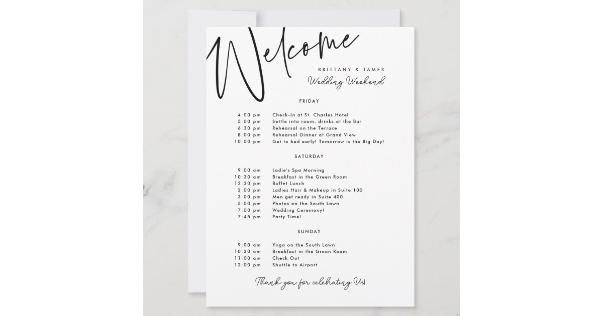 Wedding Weekend Itinerary Welcome Card | Zazzle
