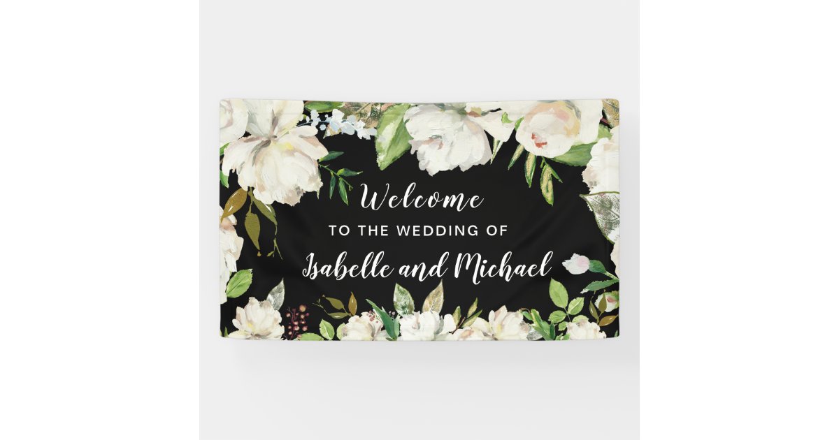 Wedding Welcome Black and White Watercolor Floral Banner | Zazzle