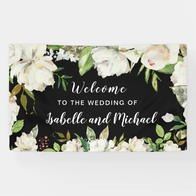 Wedding Welcome Black and White Watercolor Floral Banner | Zazzle