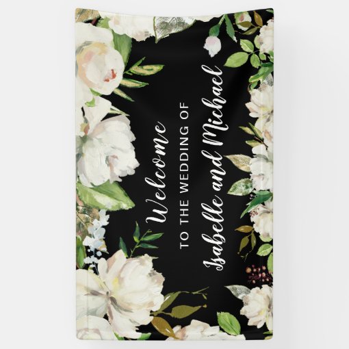 Wedding Welcome Black and White Watercolor Floral Banner | Zazzle