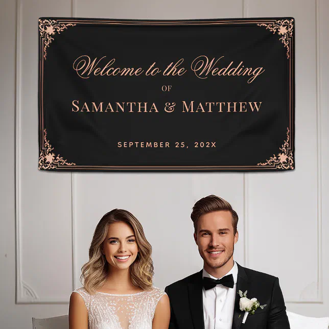 Wedding Welcome Black Pink Elegant Vintage Ornate Banner | Zazzle