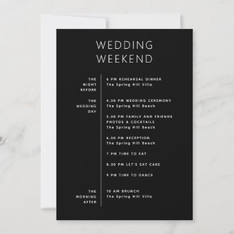 Wedding welcome. Black Weekend itinerary Timeline Invitation | Zazzle