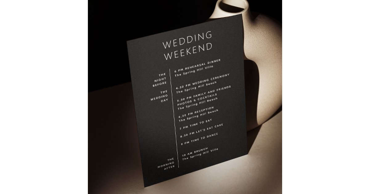 Wedding Welcome. Black Weekend Itinerary Timeline Invitation | Zazzle