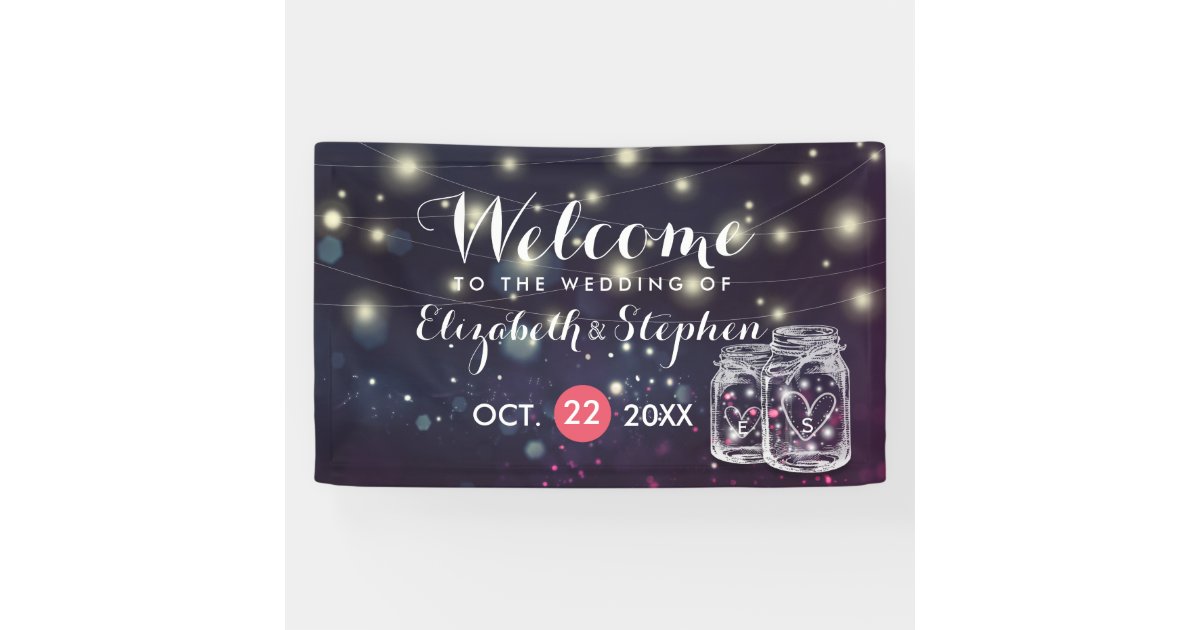 Wedding Welcome Chic Mason Jar Purple String Light Banner | Zazzle