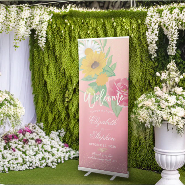 Wedding Welcome Chic Rose Flower Pink Gold Glitter Retractable Banner ...