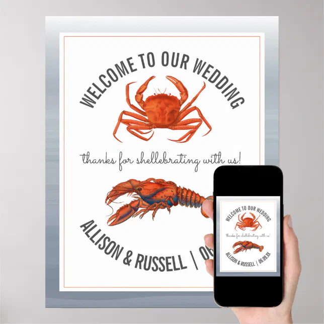 Wedding Welcome Crab & Lobster "Shellebrating" Poster | Zazzle